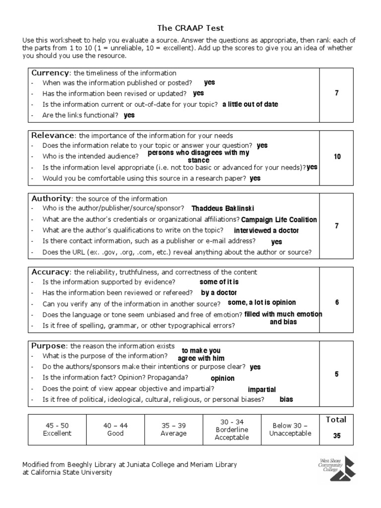 CRAAP Test Worksheet | Epistemology | Psychological Concepts CRAAP Test Worksheet | Epistemology | Psychological Concepts