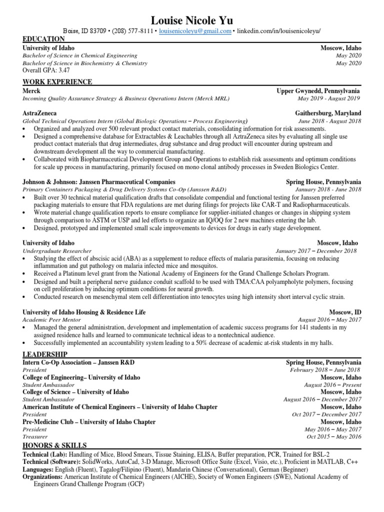Project 5 Louise Nicole Yu - Resume 2019 | PDF | Biopharmaceutical ...