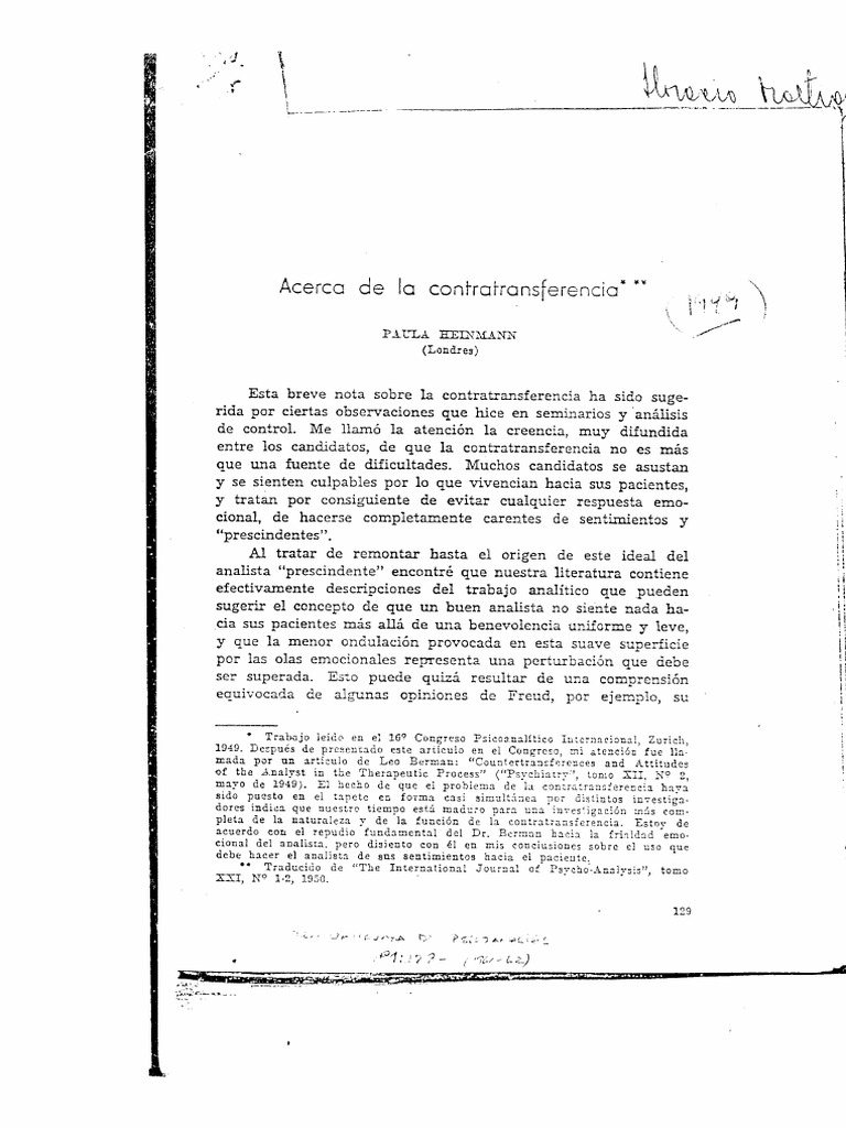 Acerca de La Contratransferencia. Paula Heimann PDF | PDF | Psicología ...