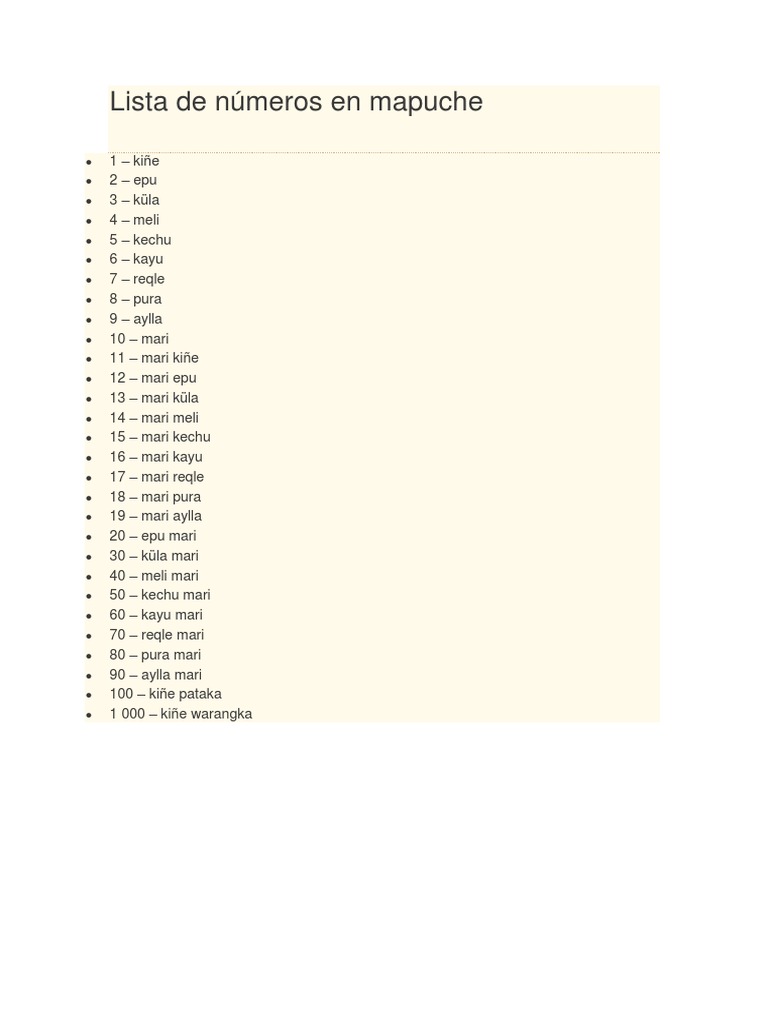 Lista de Números en Mapuche | PDF