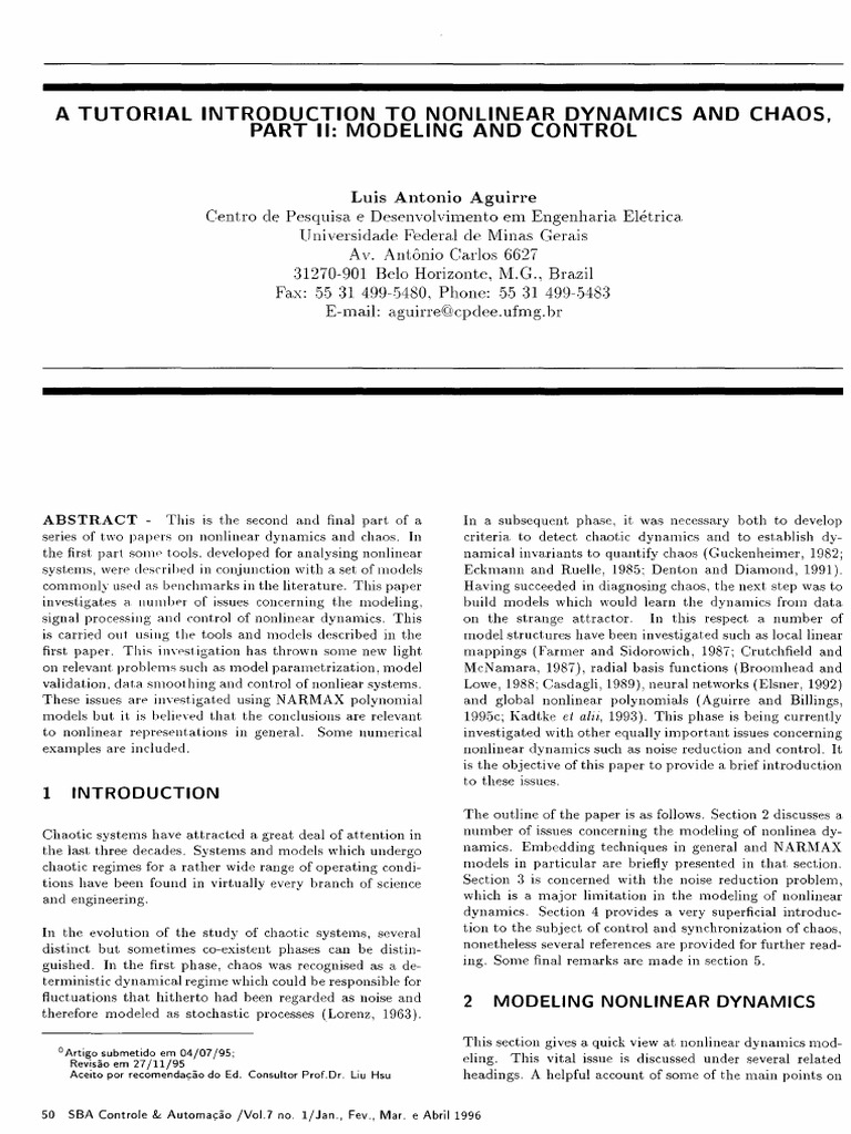 A Tutorial Introduction To Nonlinear Dynamics and Chaos, Part 11: Modellng and Control | PDF ...