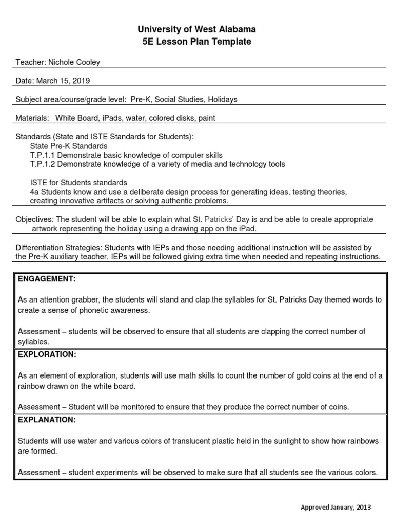 University of West Alabama 5E Lesson Plan Template: Engagement | PDF ...