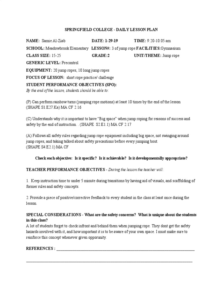 Jump Rope Lesson 3 | PDF | Lesson Plan | Learning