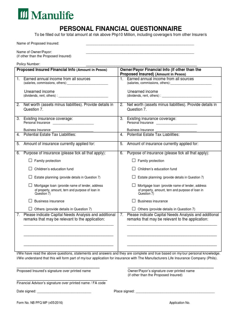 Financial Questionnaire | PDF | Insurance | Loans