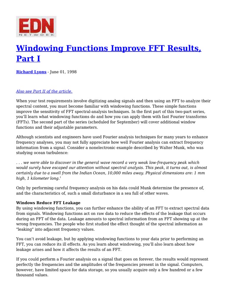 Windowing Functions Improve FFT Results,: Richard Lyons | PDF | Spectral Density | Fourier Analysis