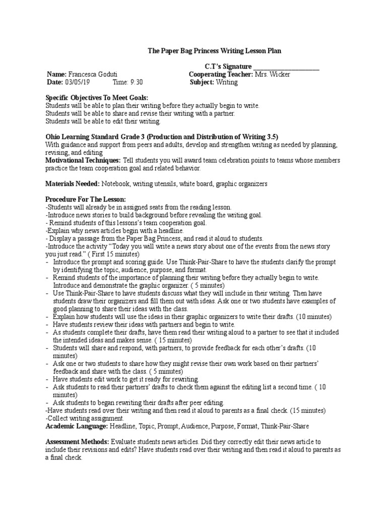 Paper Bag Princess Writing Lesson Plan | PDF | Lesson Plan | Behaviorism