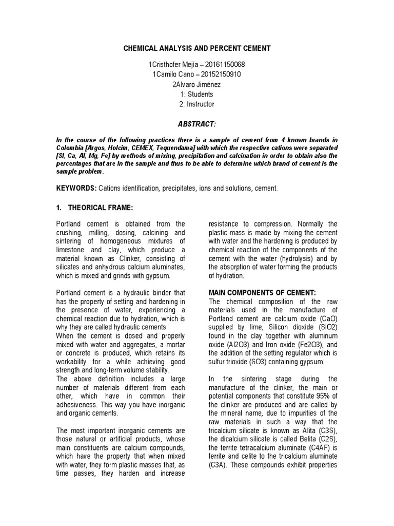 Chemical Analysis and Percent Cement | PDF | Titration | Chemistry