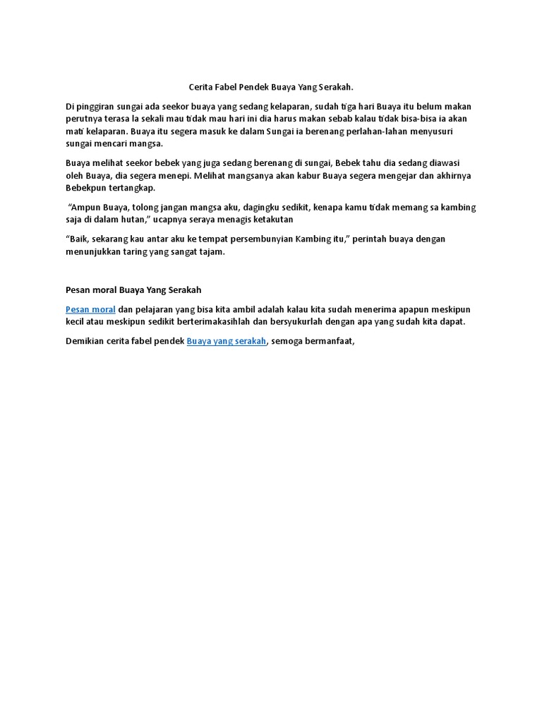 Cerita Fabel Pendek Buaya Yang Serakah | PDF