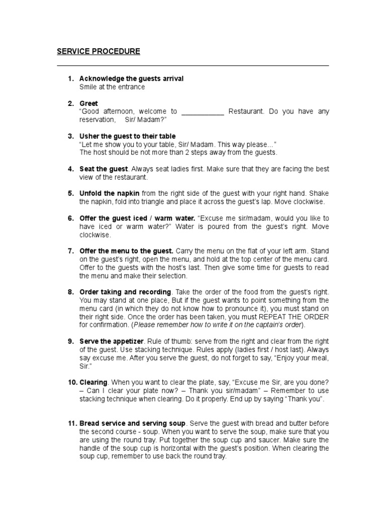 Steps of Service | PDF | Menu | Soup