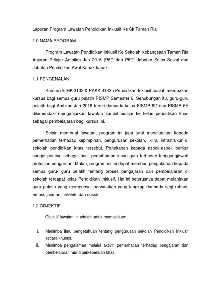 Laporan Program Lawatan Pendidikan Inklusif Ke SK Taman Ria | PDF