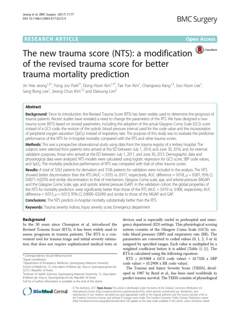 The New Trauma Score (NTS) : A Modification of The Revised Trauma Score ...