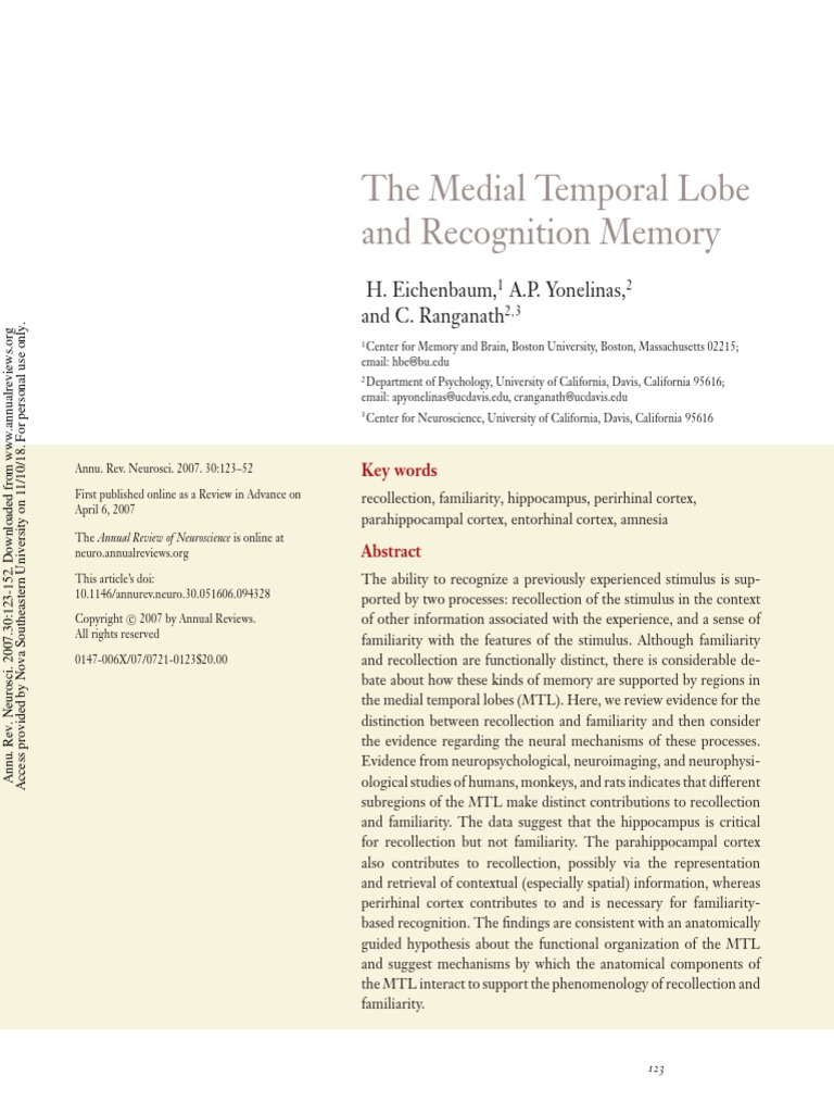 The Medial Temporal Lobe and Recognition Memory | PDF | Recall (Memory ...
