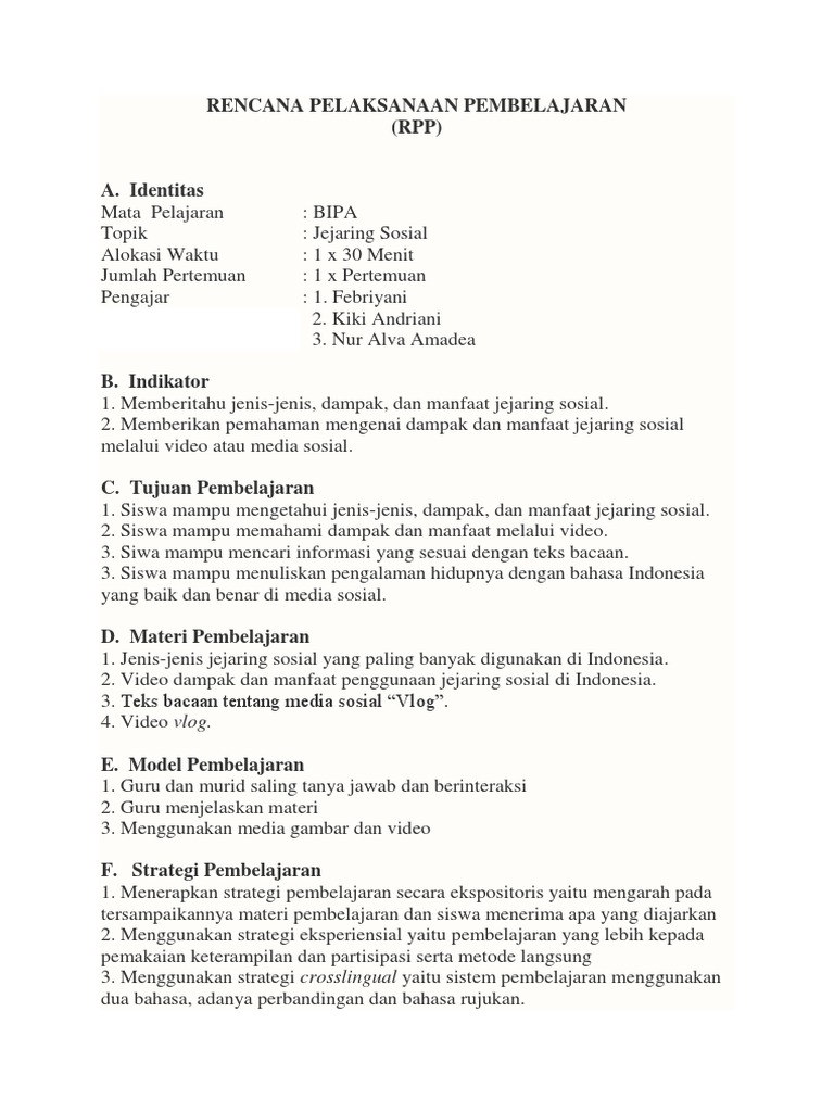 RPP BIPA - Jejaring Sosial | PDF