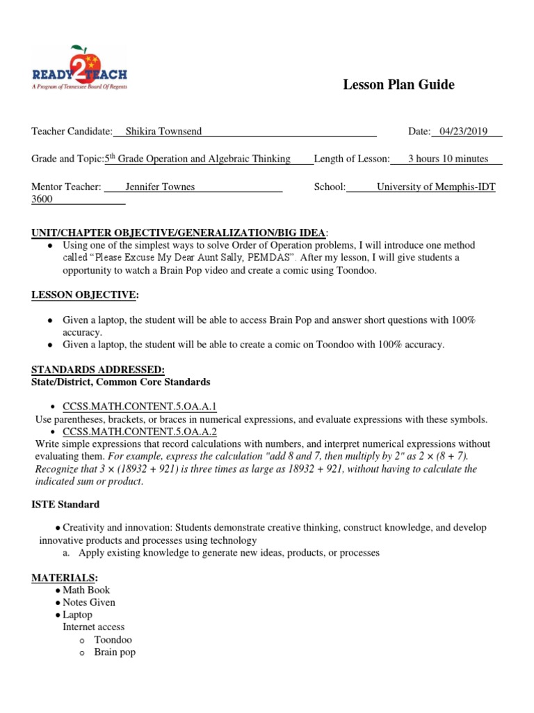 Lesson Plan Guide: Unit/Chapter Objective/Generalization/Big Idea | PDF ...