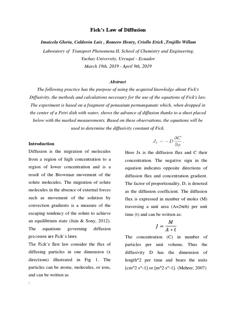 Fick's Law of Diffusion: Imaicela Gloria, Calderón Luis, Romero Henry, Criollo Erick, Trujillo ...