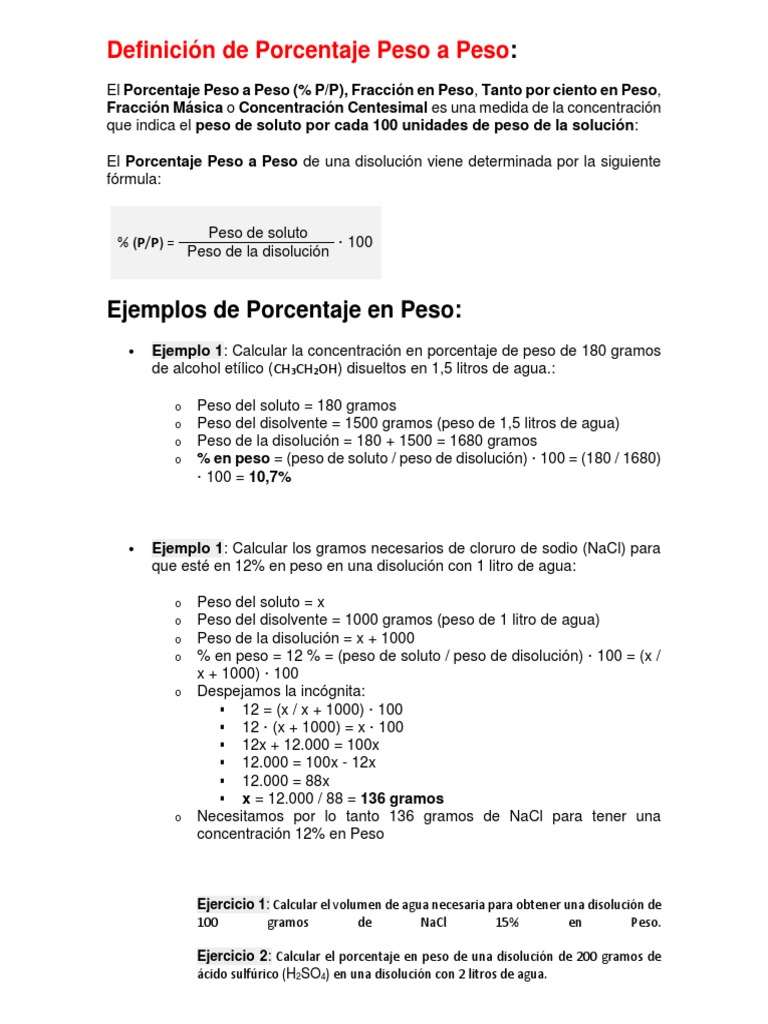 Definición de Porcentaje Peso a Peso | Concentración | Mole (Unidad)