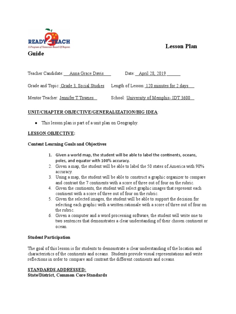 Lesson Plan Guide: Unit/Chapter Objective/Generalization/Big Idea | PDF ...