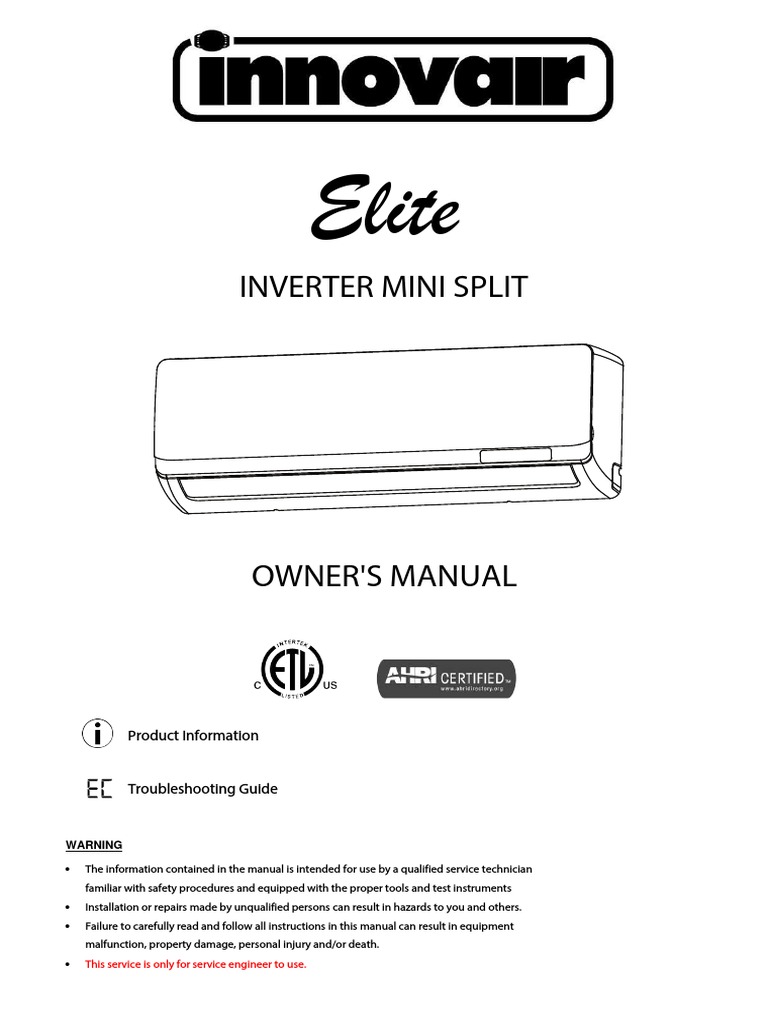 Innovair EIN Elite Mini Split Inverter Owners Manual | PDF | Air ...
