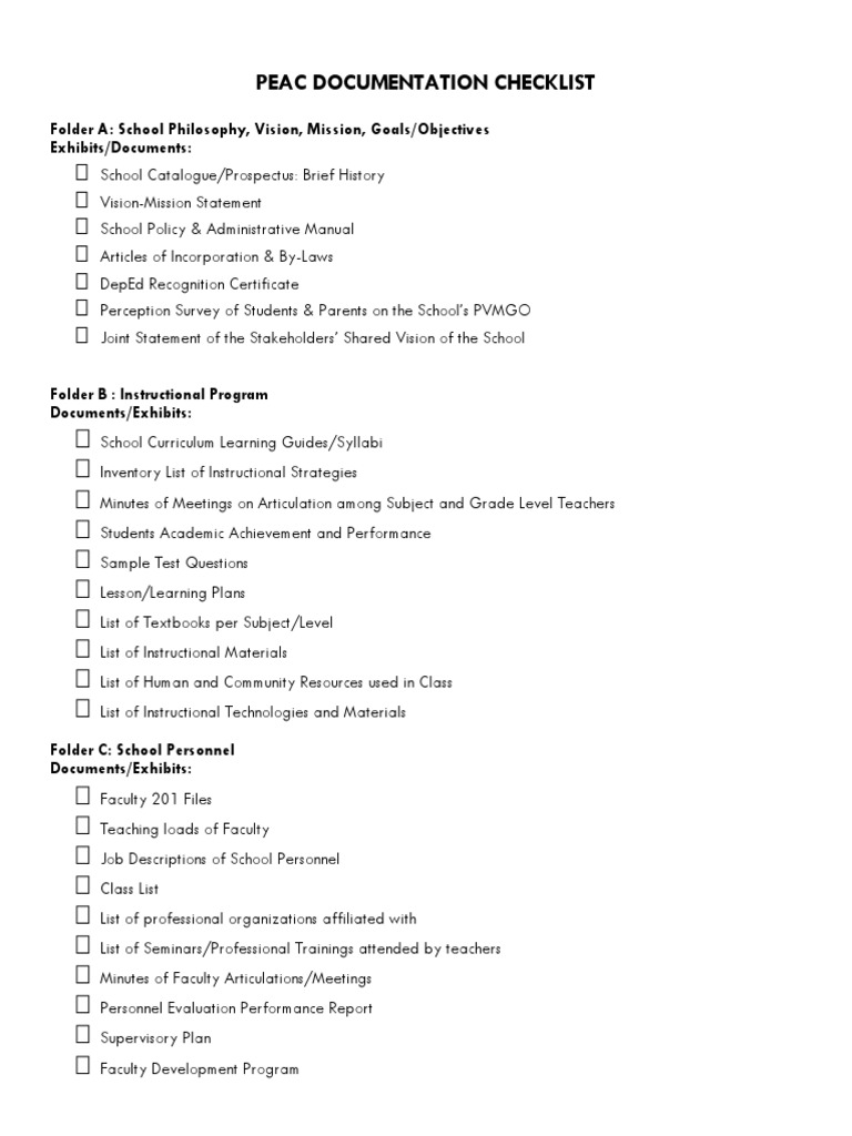 Peac Documentation Checklist: Folder A: School Philosophy, Vision ...
