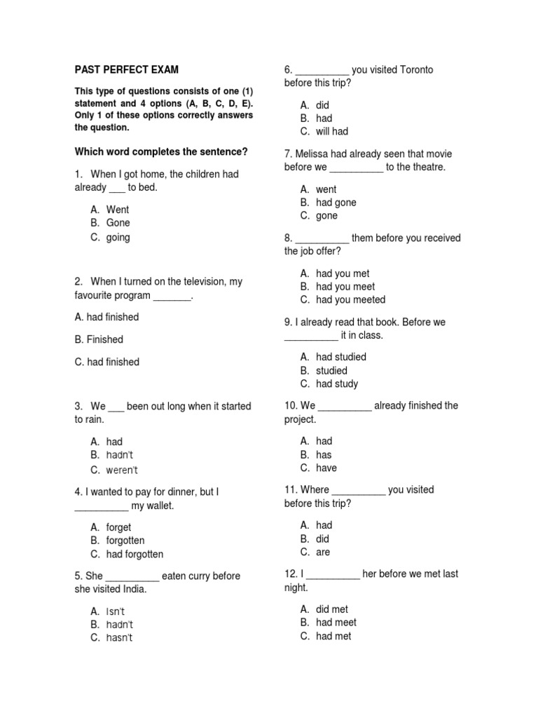 Past Perfect Exam Questions | PDF | Grammar