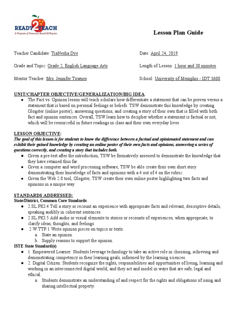 Fact Vs Opinion Lesson Plan Tianesha Dye | PDF | Lesson Plan | English ...