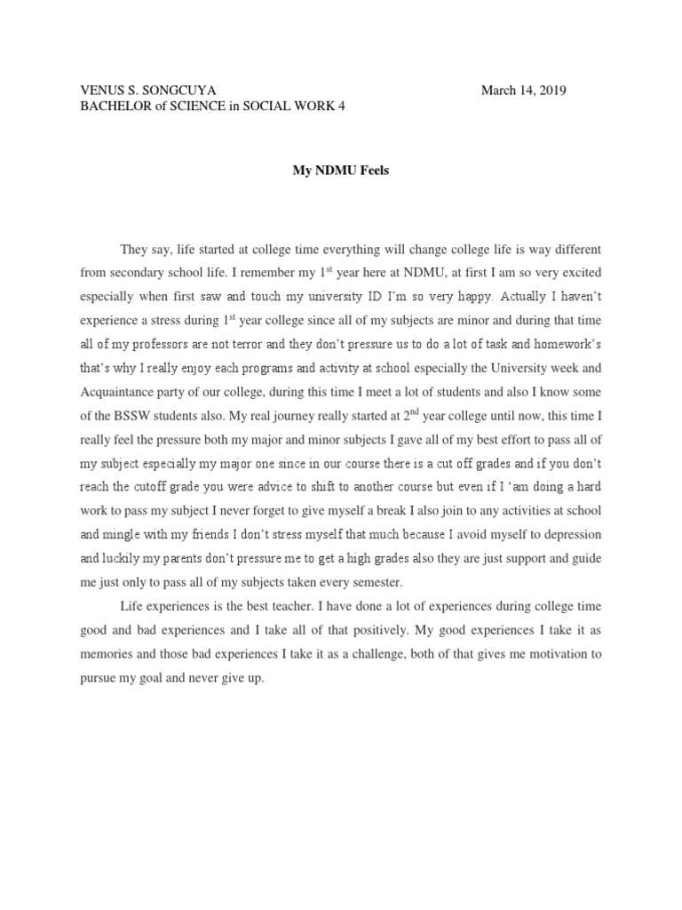 Venus S. Songcuya March 14, 2019 Bachelor of Science in Social Work 4 ...