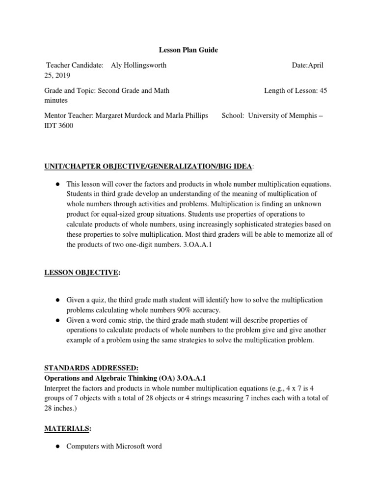 Lesson Plan Guide | PDF | Multiplication | Understanding