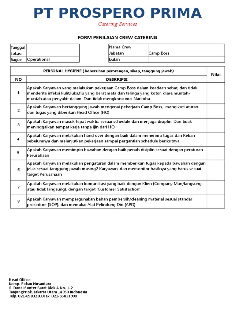 Penilaian Kinerja Camp Boss di Catering | PDF