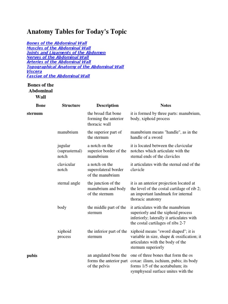 Anatomy Tables For Today's Topic: Bones of The Abdominal Wall | PDF ...