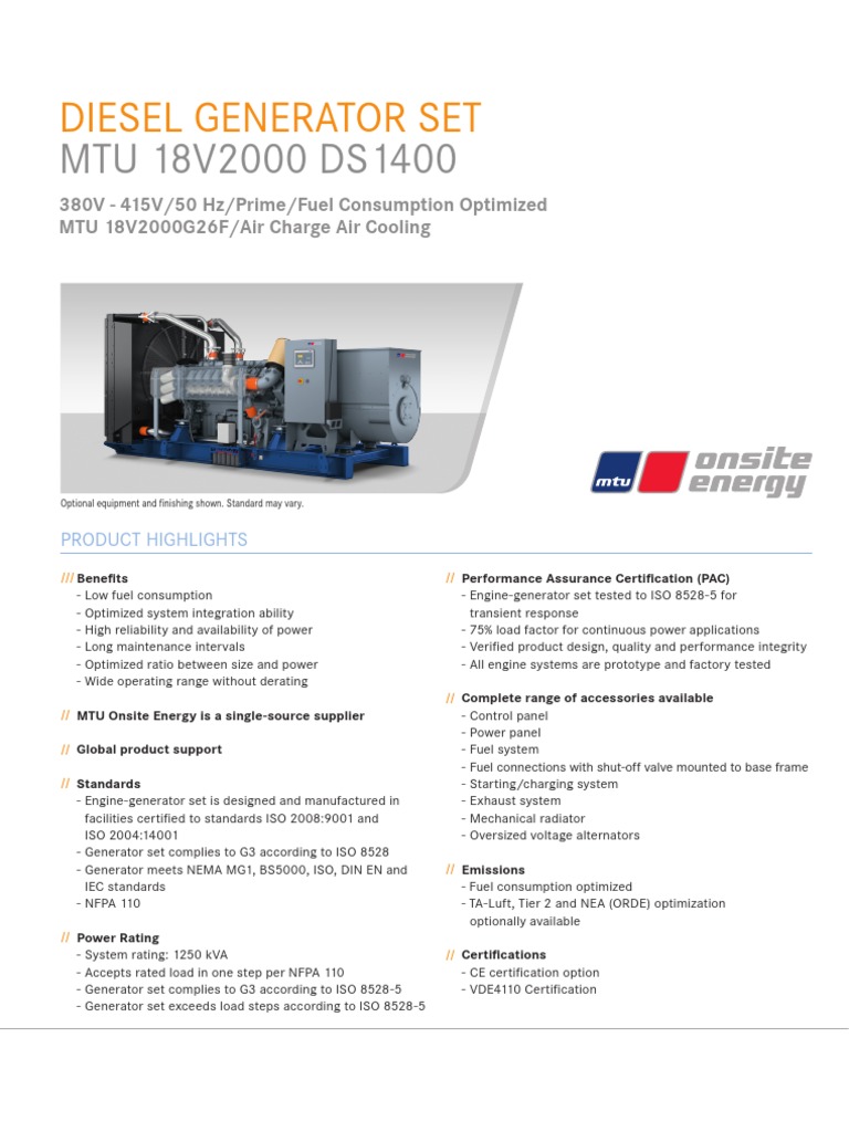 MTU 18V2000 DS1400: Diesel Generator Set | Radiator | Mains Electricity