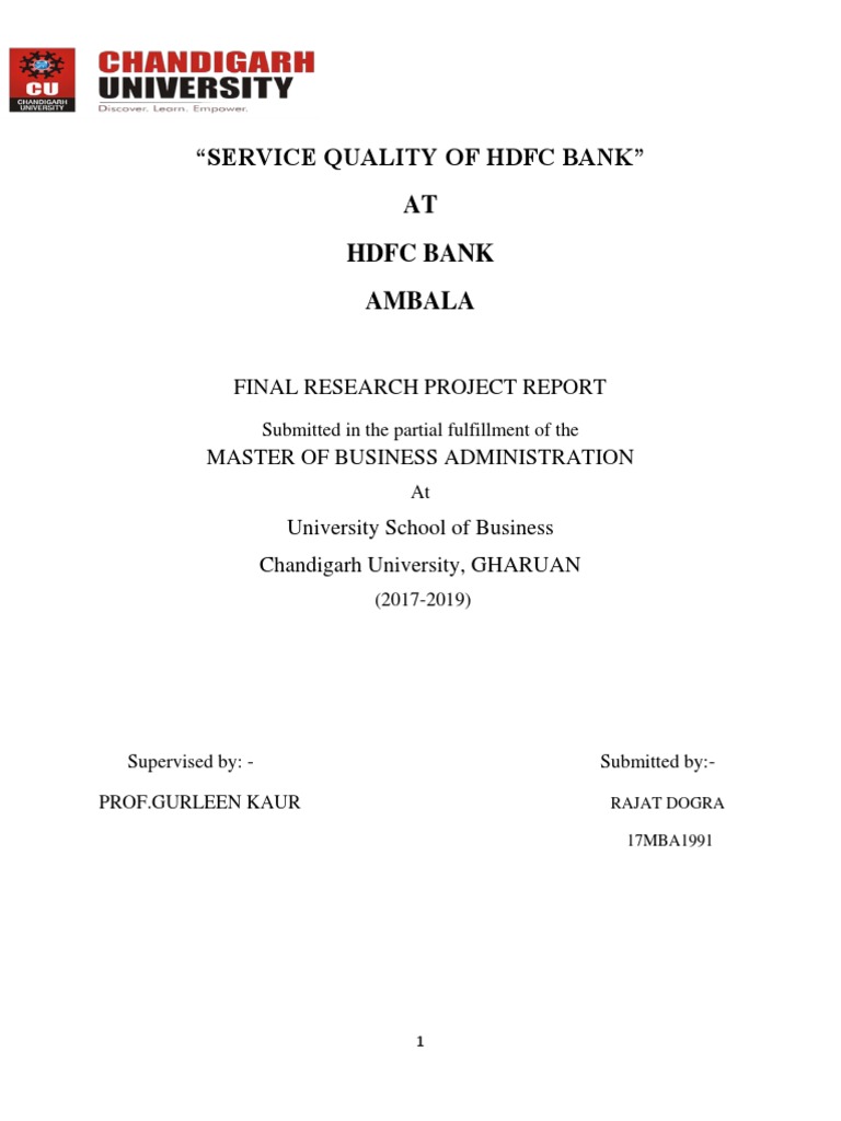"Service Quality of HDFC Bank" AT HDFC Bank Ambala: Final Research ...