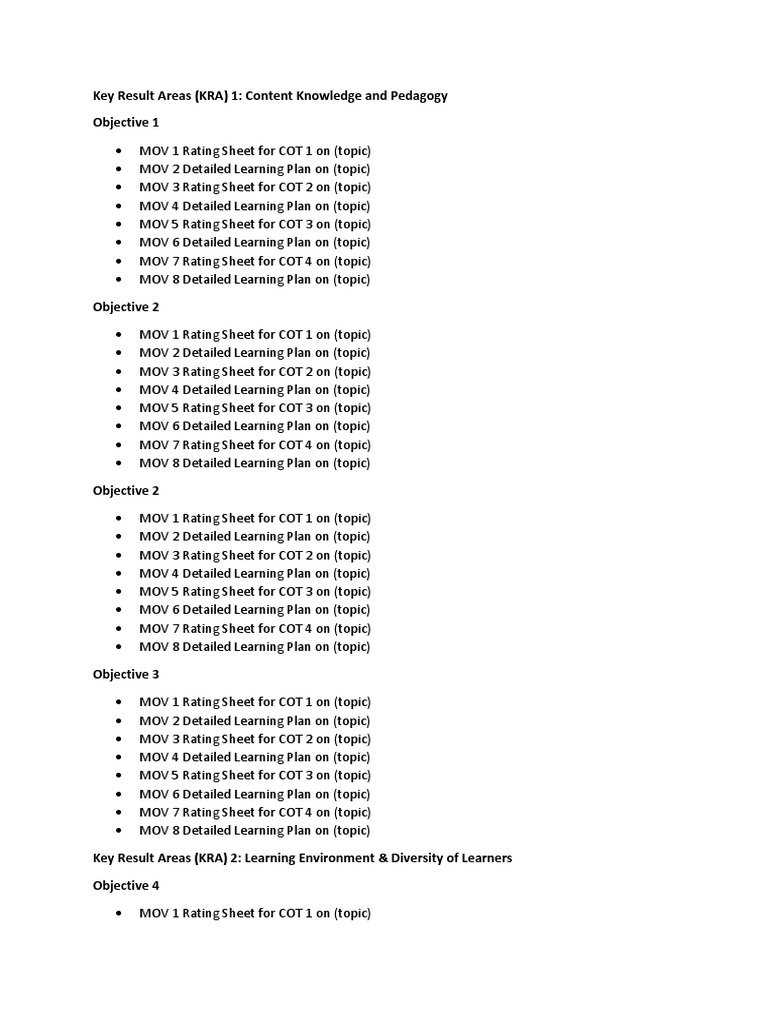 Key Result Areas (KRA) 1: Content Knowledge and Pedagogy Objective 1 ...