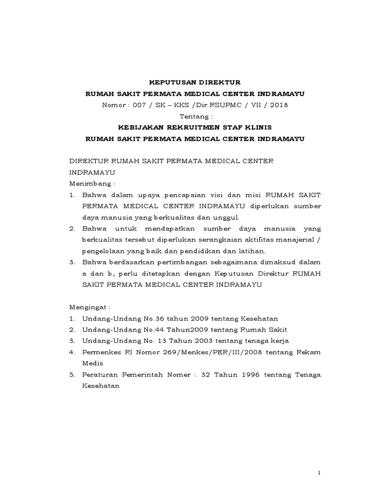 SK Kebijakan Rekruitmen Staf Klinis Rs PMC | PDF