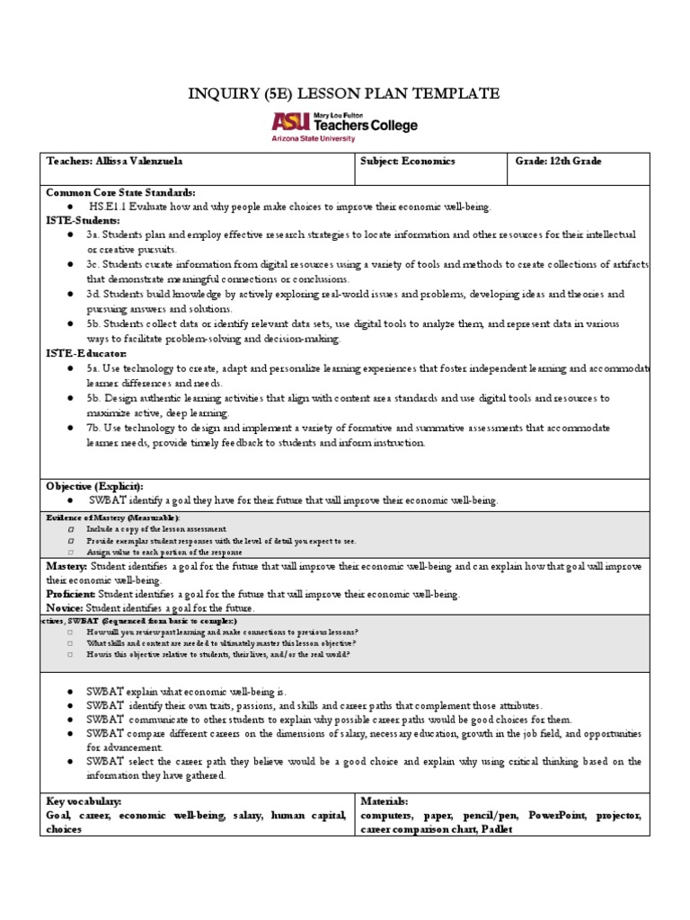 5E Inquiry Lesson Plan for Economics | PDF | Educational Assessment | Goal