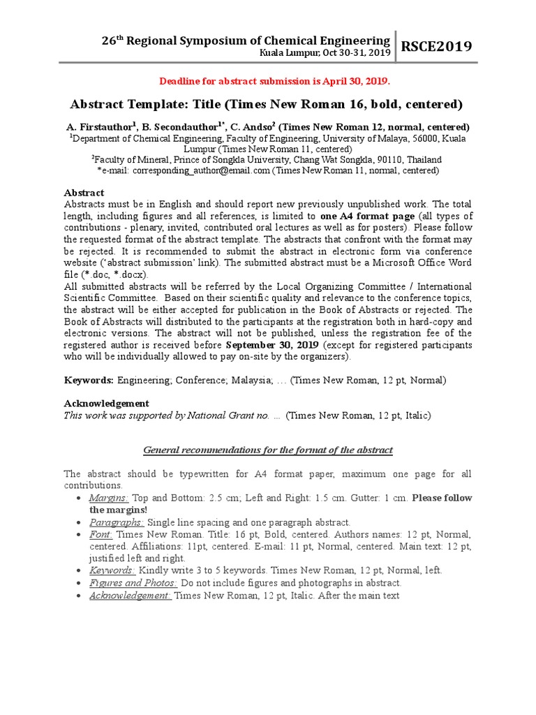 RSCE2019 Abstract Guidelines | PDF | Times New Roman | Typography