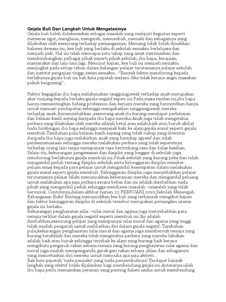 Contoh Karangan Gejala Buli Dan Langkah Untuk Mengatasinya | PDF