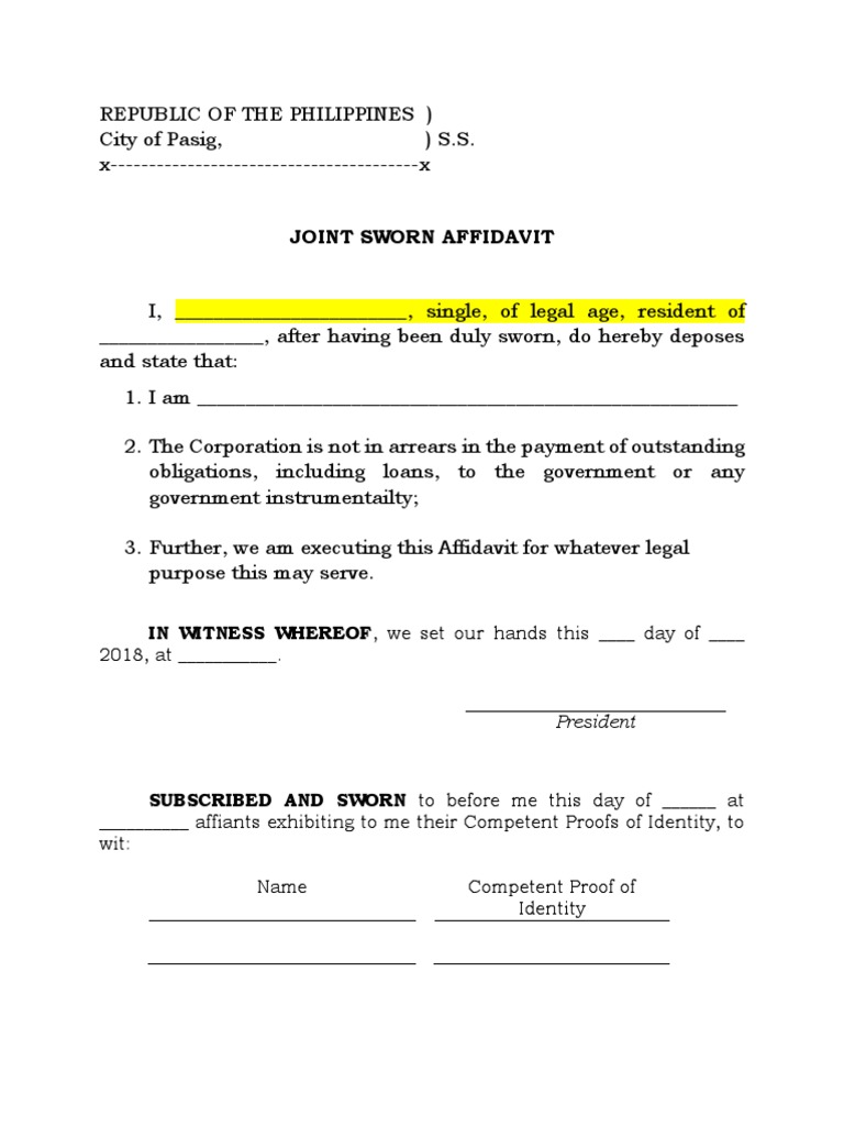 Joint Sworn Affidavit: IN WITNESS WHEREOF, We Set Our Hands This - Day ...
