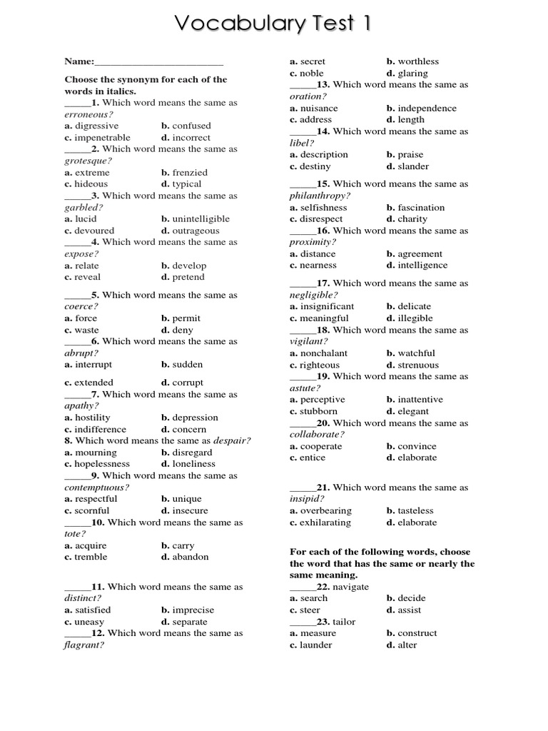 Vocabulary Test 1 | PDF | Lexicology | Vocabulary