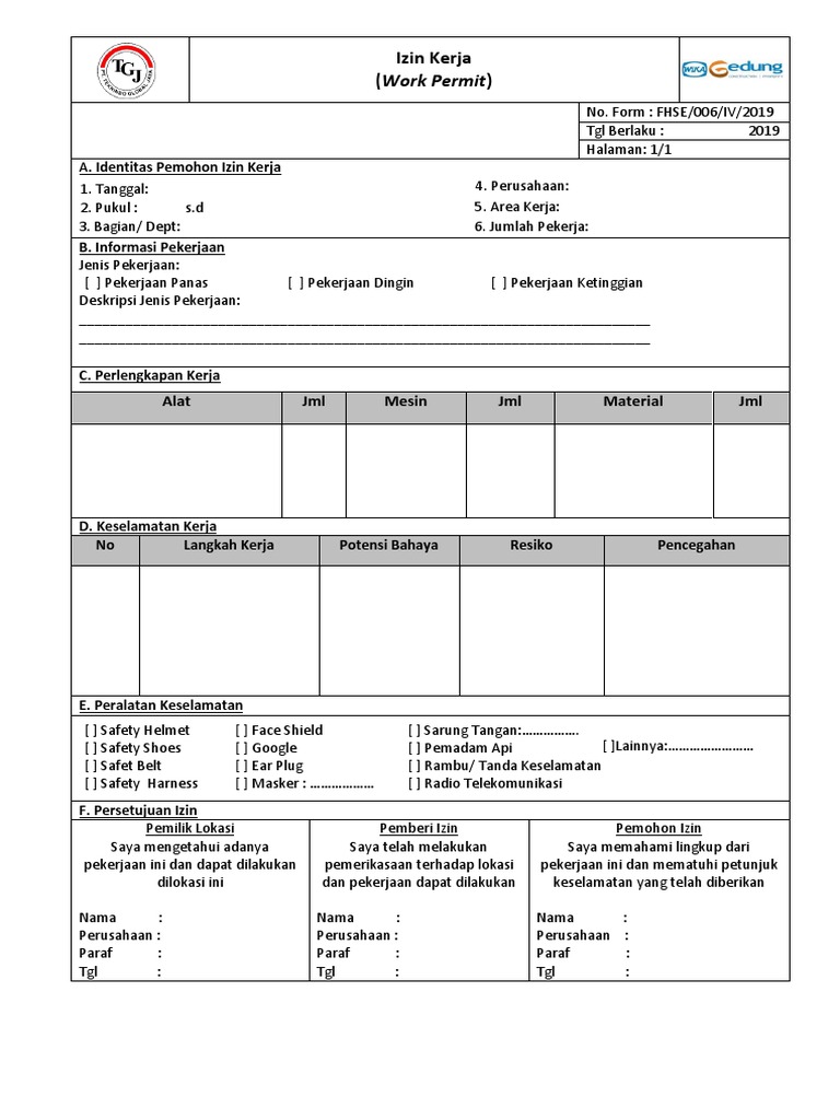Contoh Formulir Izin Kerja K3 | PDF
