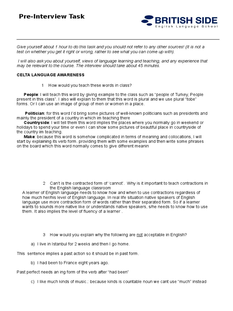CELTA Pre-Interview Task | PDF | Question | English Language
