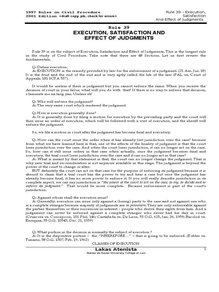 Rules on Civil Procedure Rule 39 Summary | PDF | Judgment (Law) | Lawsuit