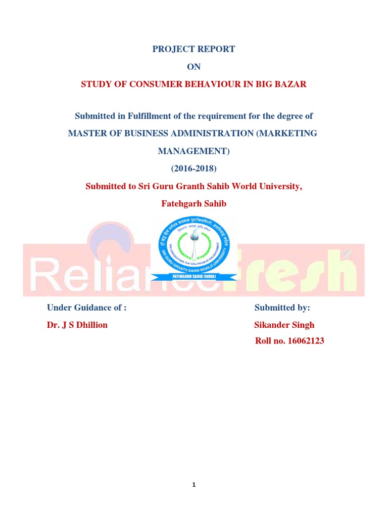 Study of Consumer Behaviour in Big Bazar: Project Report ON | PDF ...