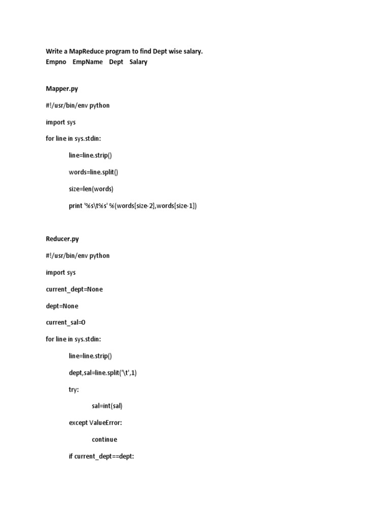 Write A Mapreduce Program To Find Dept Wise Salary. Empno Empname Dept Salary | PDF | Input ...