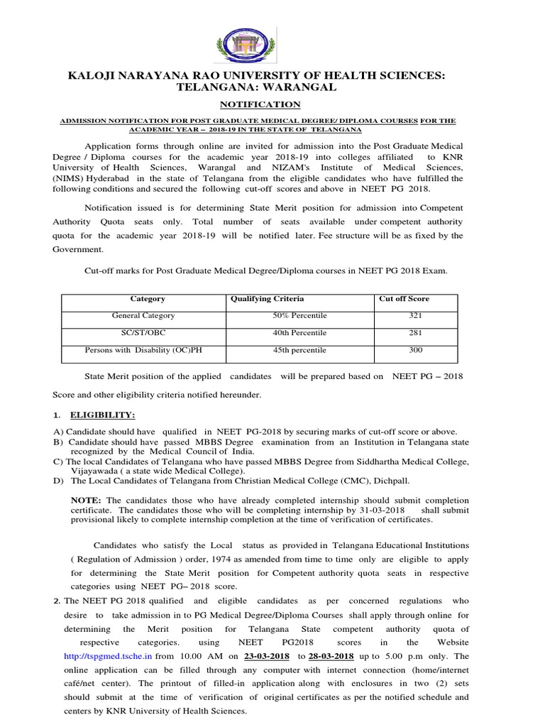 KNR University PG Medical Admissions 2018 | PDF | University And ...