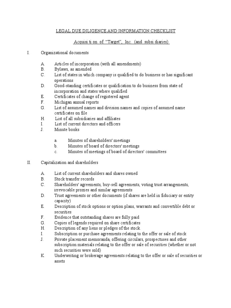 Acquisition Due Diligence Checklist | Insurance | Employment