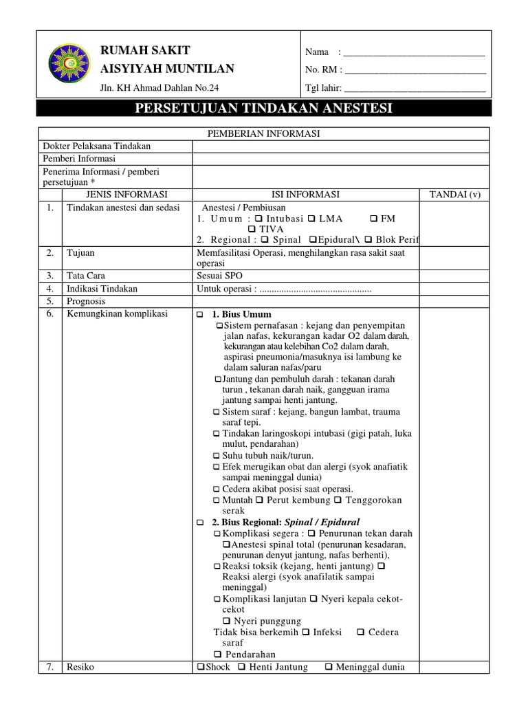 Form Persetujuan Tindakan Anestesi | PDF