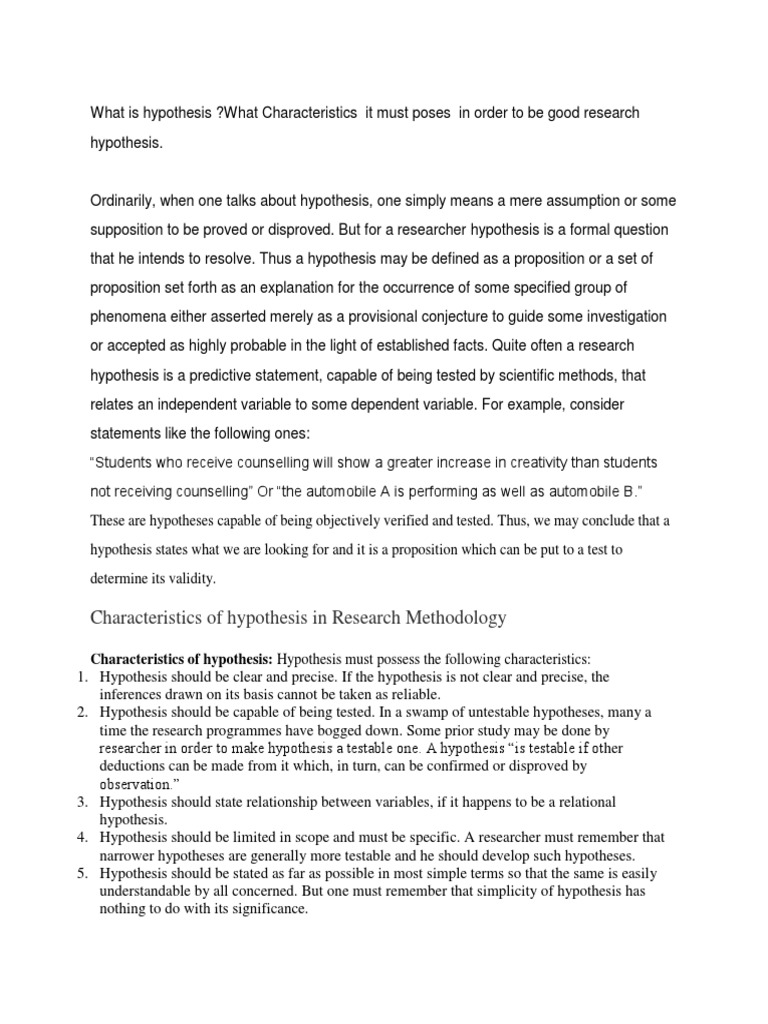 Characteristics of Hypothesis in Research Methodology | PDF ...