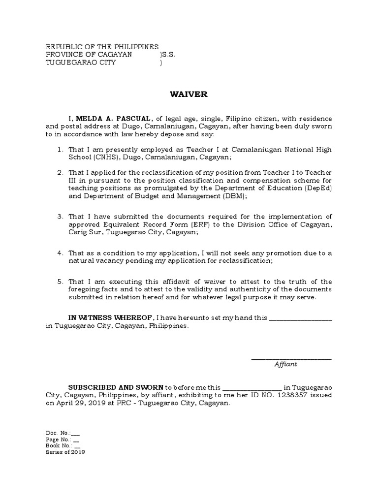 Waiver: IN WITNESS WHEREOF, I Have Hereunto Set My Hand This | PDF ...