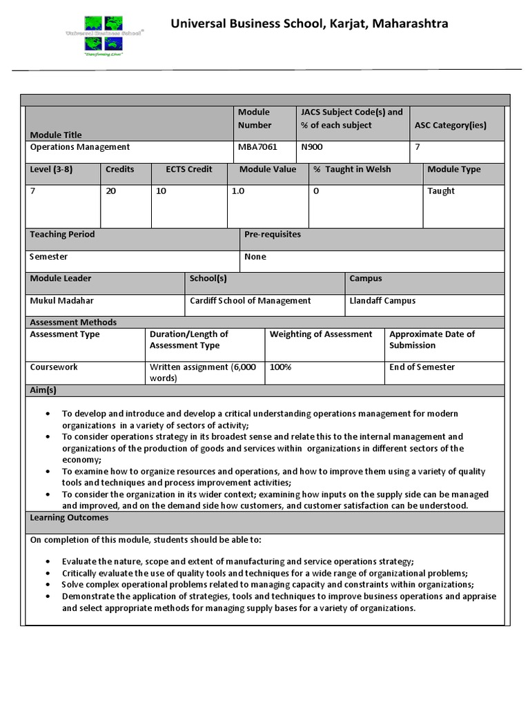 Module Descriptor D & Session Plan - MBA 7061 Operations Management CMBA13 | PDF | Operations ...