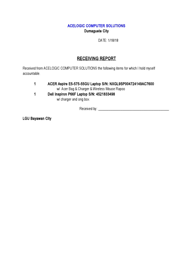 AceLogic Receiving Report - 1/18/18 | PDF